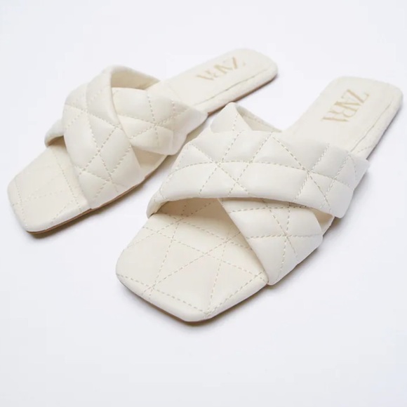Zara | Shoes | Zara Off White Quilted Flat Slides | Poshmark